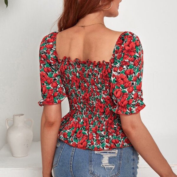 BellanBlue | Tops | Bohemian Red Floral Puff Sleeve Peplum Top | Poshmark